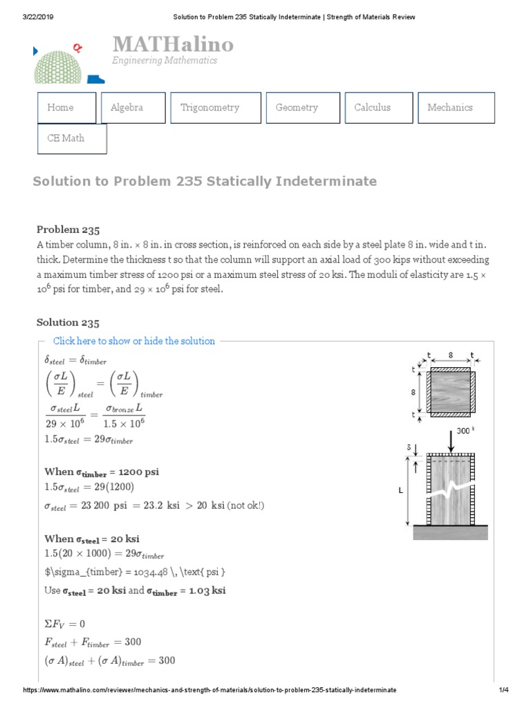 Mathalino: Solution To Problem 235 Statically Indeterminate | PDF