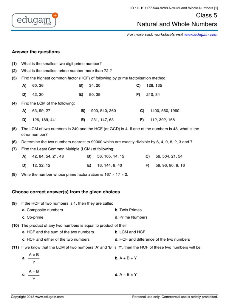 Class 5 Natural and Whole Numbers: Answer The Questions | PDF ...