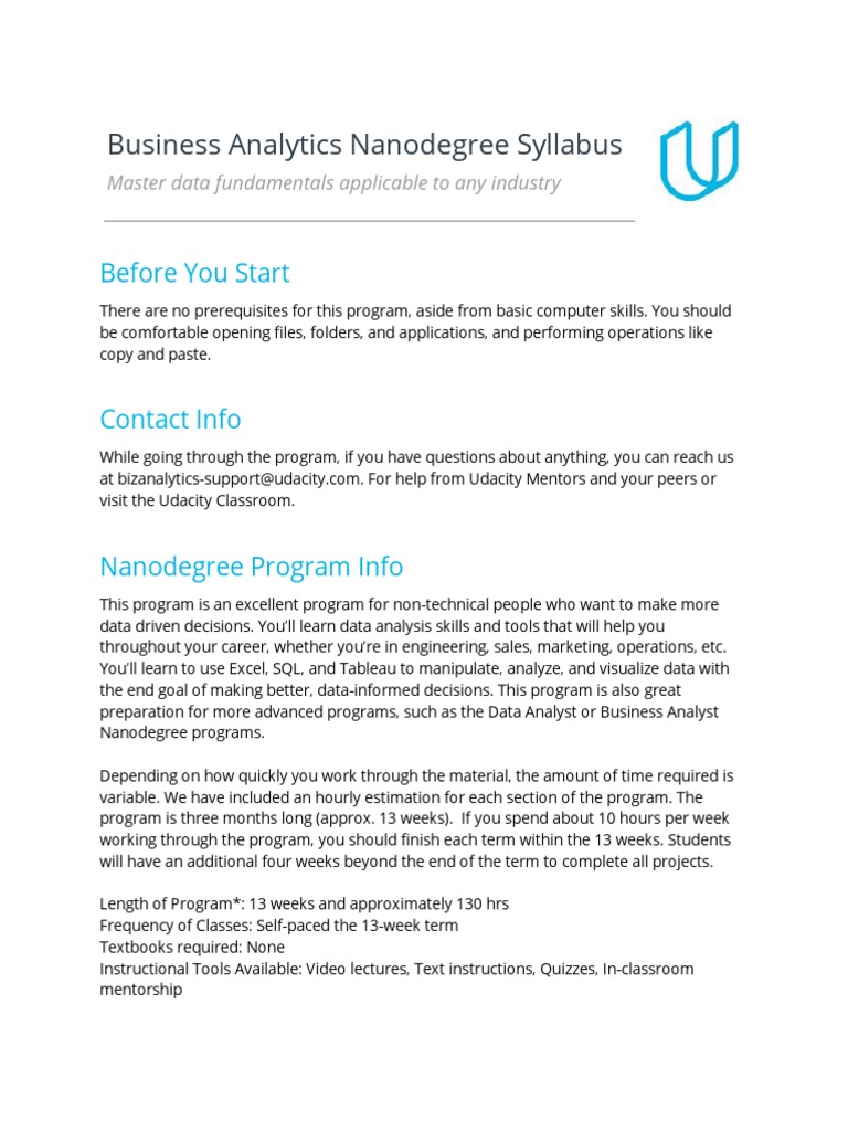 Business Analytics Nanodegree Syllabus: Before You Start | PDF | Data Analysis | Databases