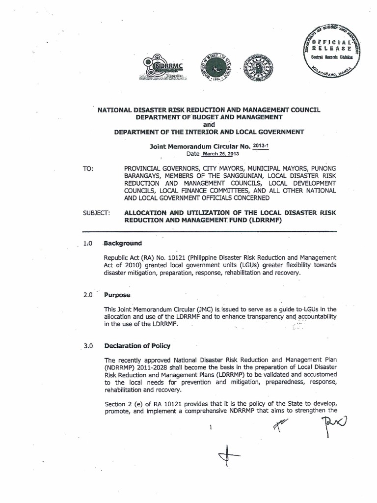 JMC No 2013-1 Re Allocation and Utilization of LDRRMF PDF | PDF