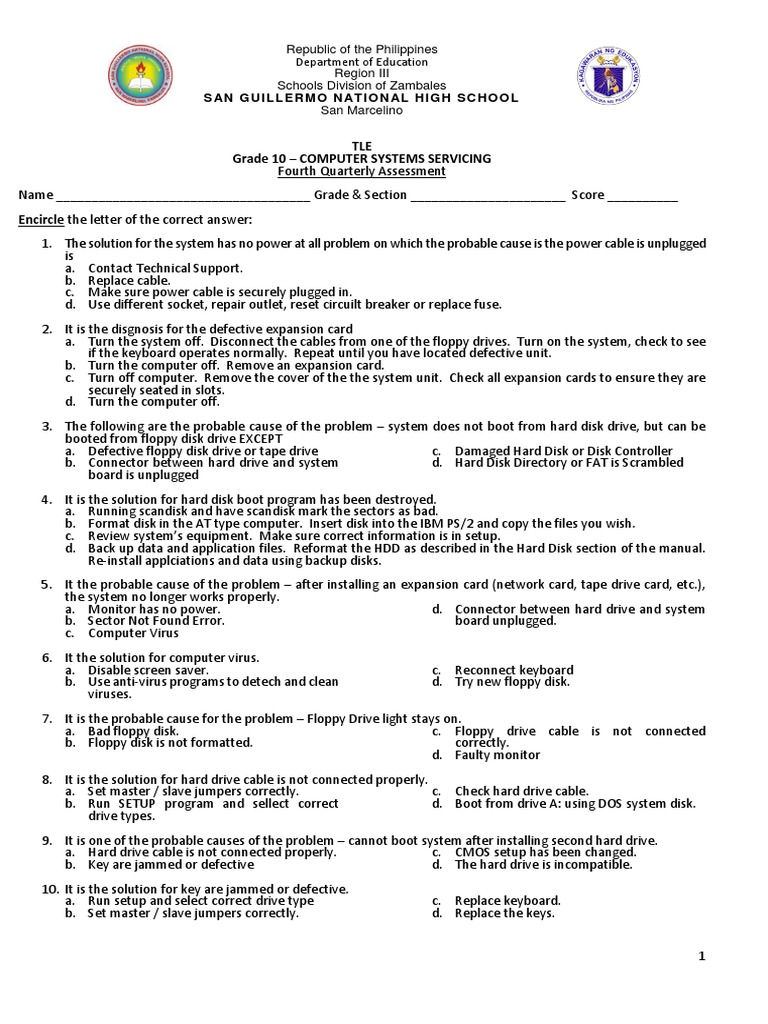 4 CSS 10 Exam - Fourth Grading | PDF | Floppy Disk | Computer Network