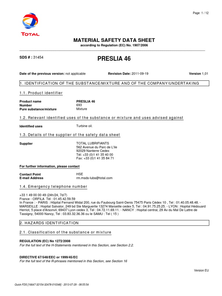 MATERIAL SAFETY DATA SHEET for PRESLIA 46 Turbine Oil | PDF | Toxicity ...