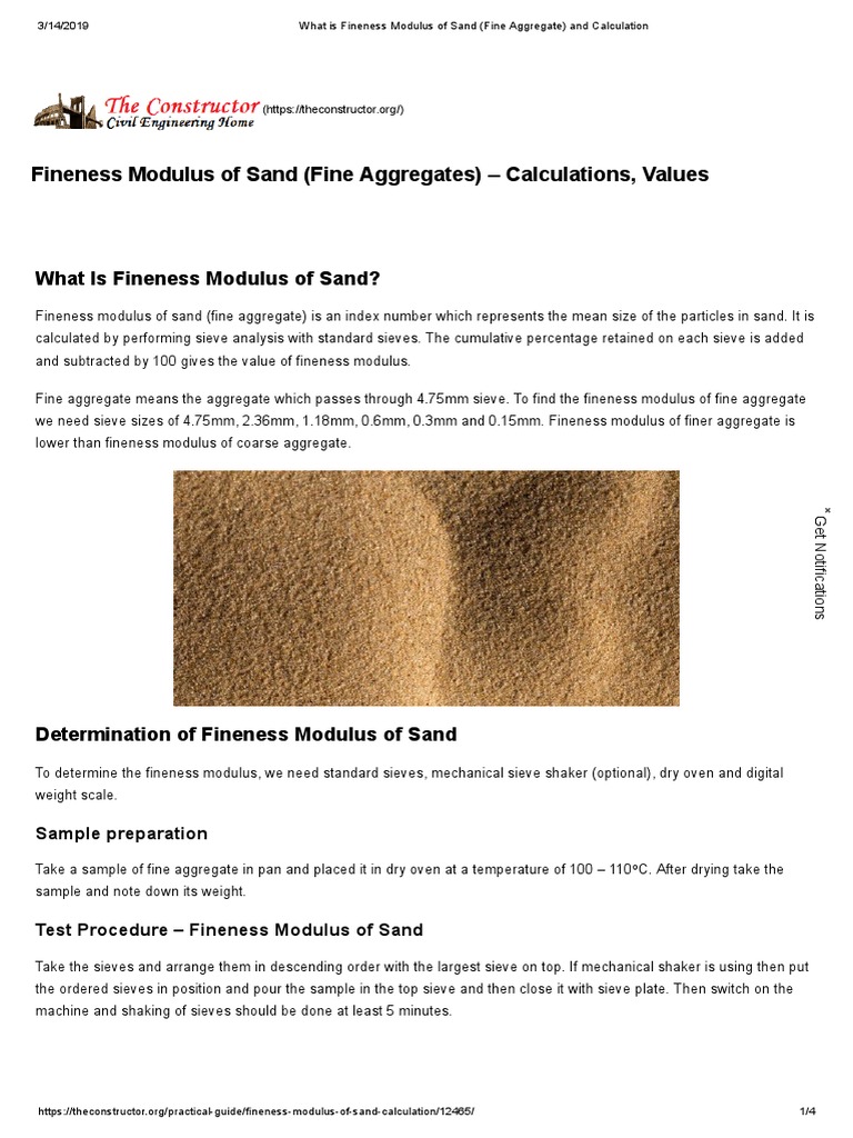 Fineness Modulus of Sand (Fine Aggregate) and Calculation | PDF | Sand ...