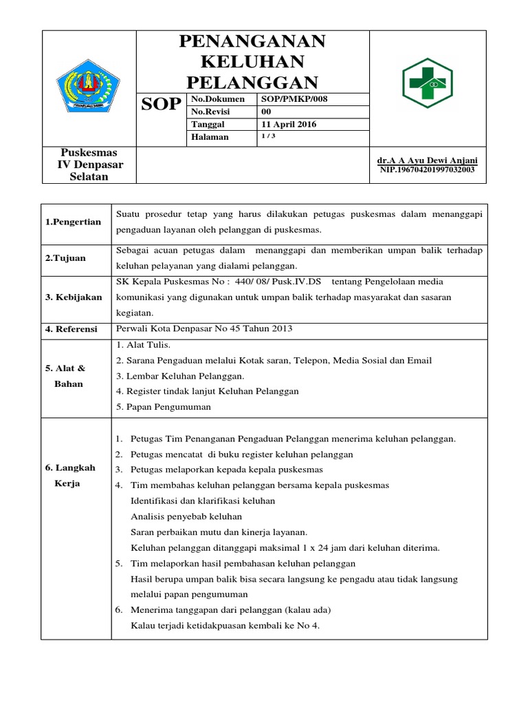 SOP-PMKP-008 Keluhan Dan Umpan Balik Pelanggan | PDF