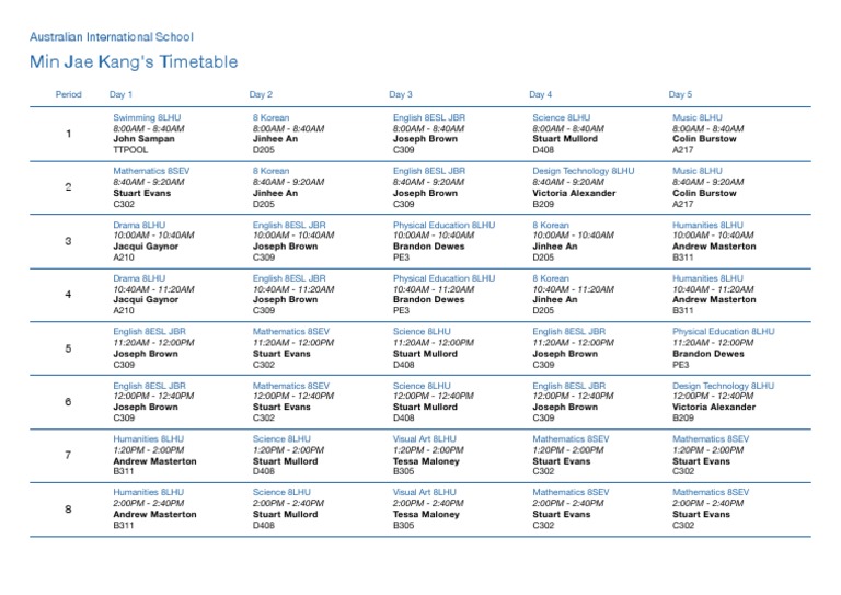 Min Jae Kang's Timetable: Australian International School | PDF ...