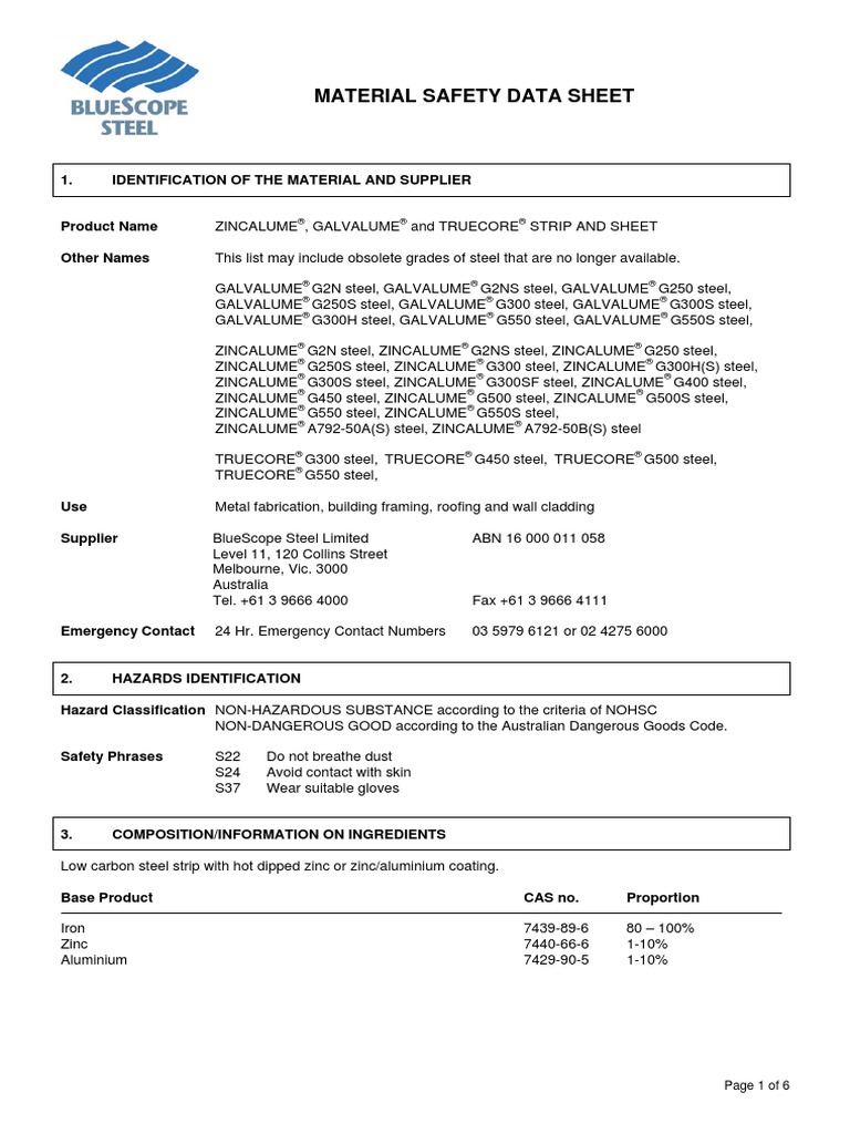 Zincalume Galv Truecore MSDS | PDF | Chromium | Occupational Hygiene