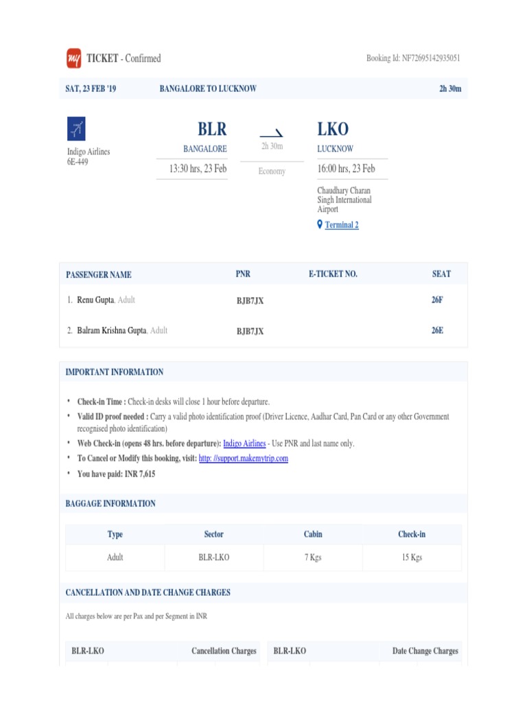BLR LKO: TICKET - Confirmed | PDF | Aviation | Transport