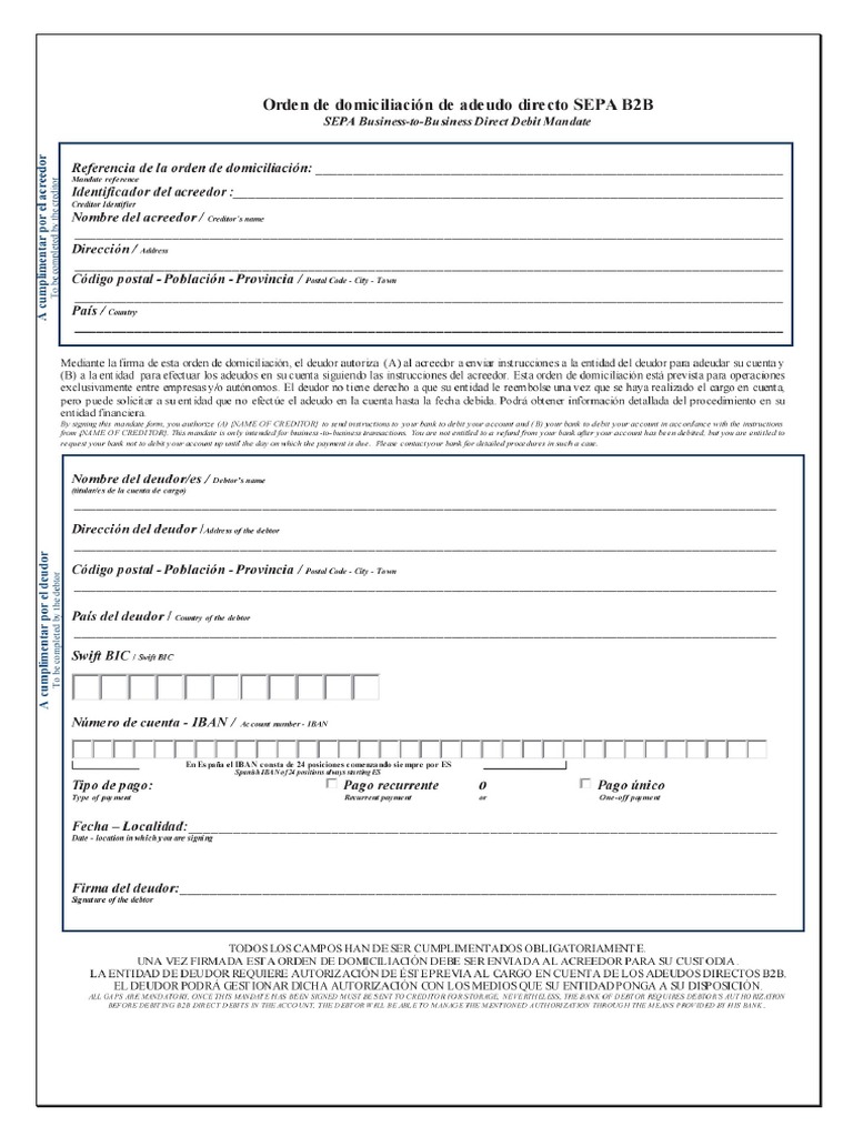 Domiciliacion Mandato Sepa b2b | PDF
