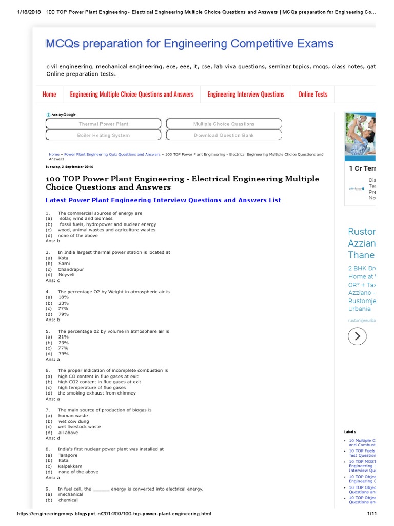 Power Plant Engineering MCQs Guide | PDF | Boiler | Power Station