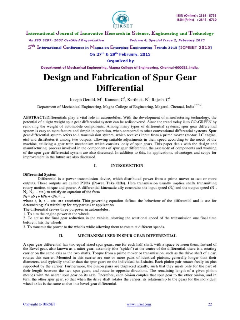 Design and Fabrication of Spur Gear Differential: I J I R S E T ...