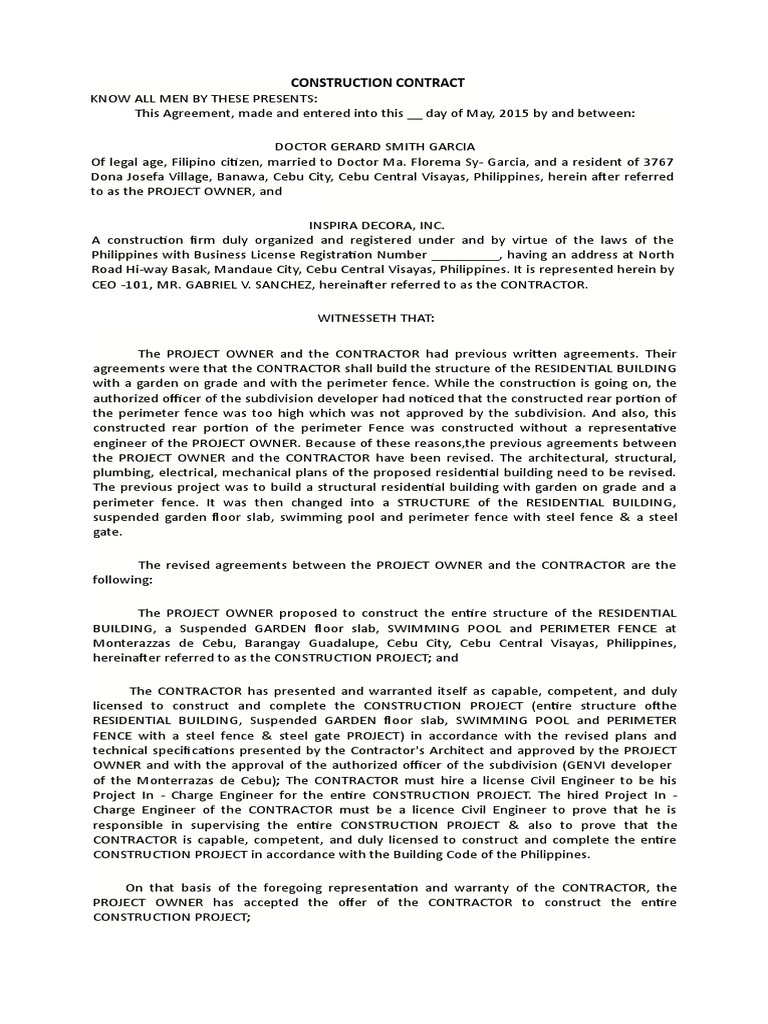 Construction Contract | PDF | General Contractor | Specification ...