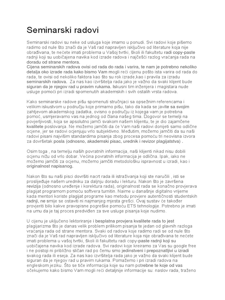 Seminarski Radovi - Pisanje, Izrada, Cijene | PDF