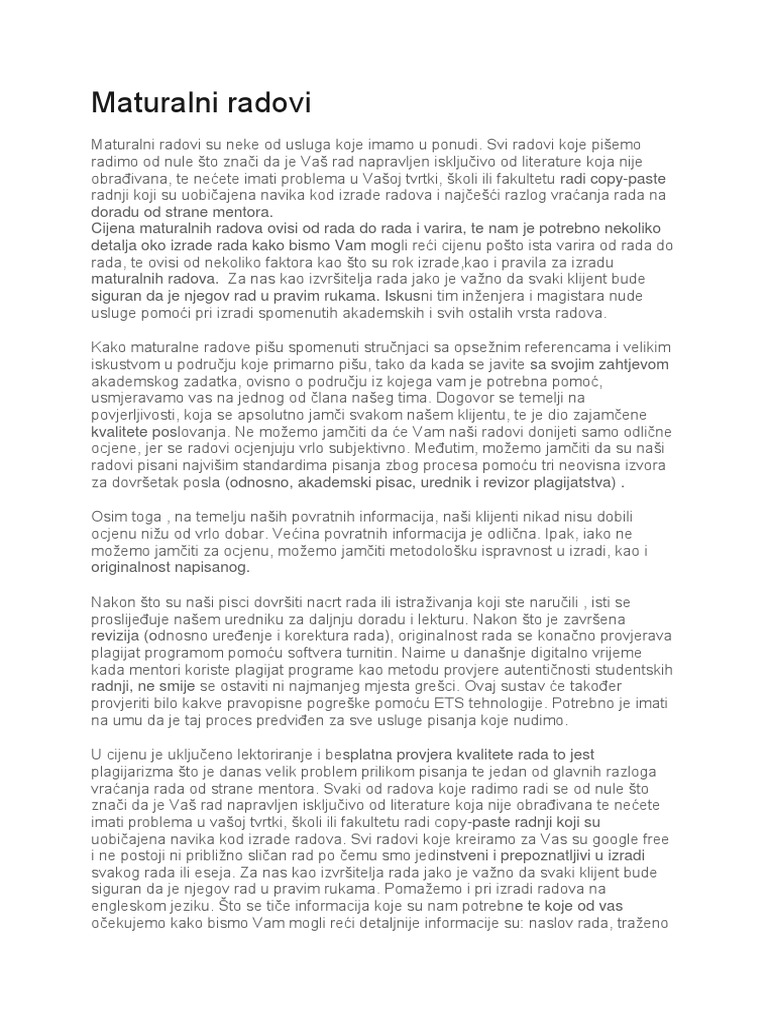 Maturalni Radovi - Pisanje, Izrada, Cijene | PDF