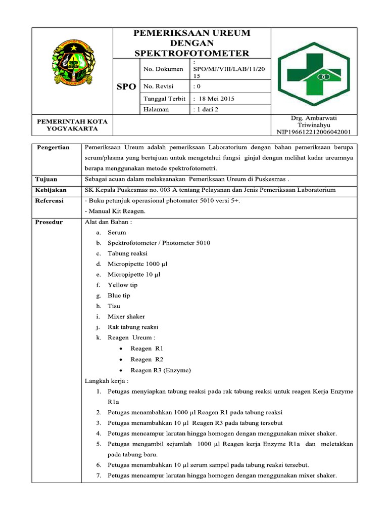 SPO Pemeriksaan Ureum Dengan Spektrofotometer PDF | PDF