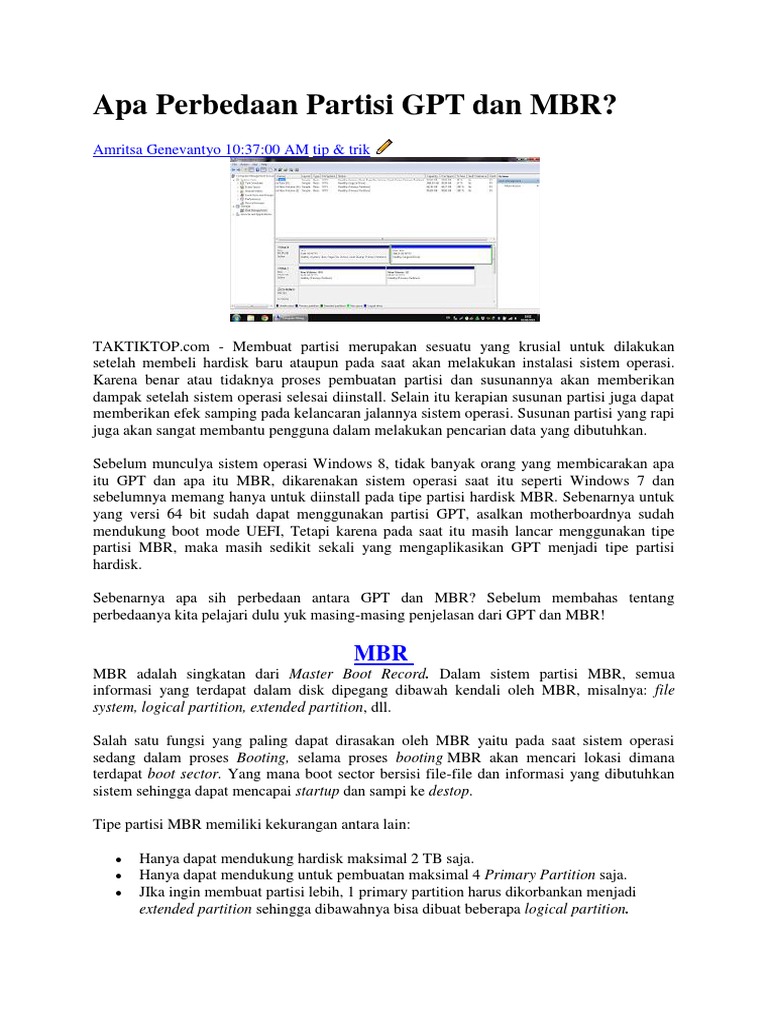 Apa Perbedaan Partisi GPT Dan MBR | PDF