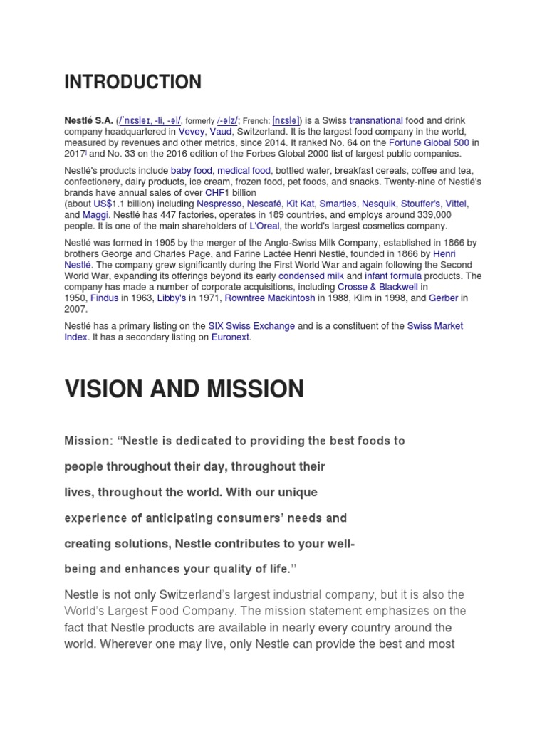 Vision and Mission: Nestlé S.A. ( | PDF | Nestlé | Food And Drink
