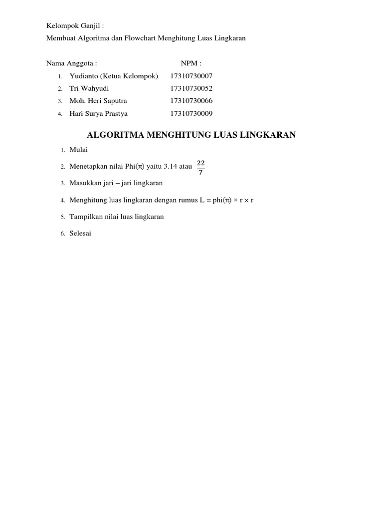Algoritma Menghitung Luas Lingkaran | PDF