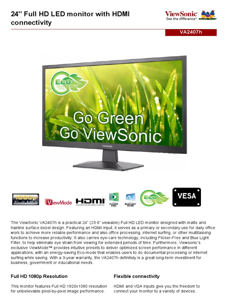 Viewsonic Va2407h en Datasheet Ok | PDF | Computer Monitor | Backlight