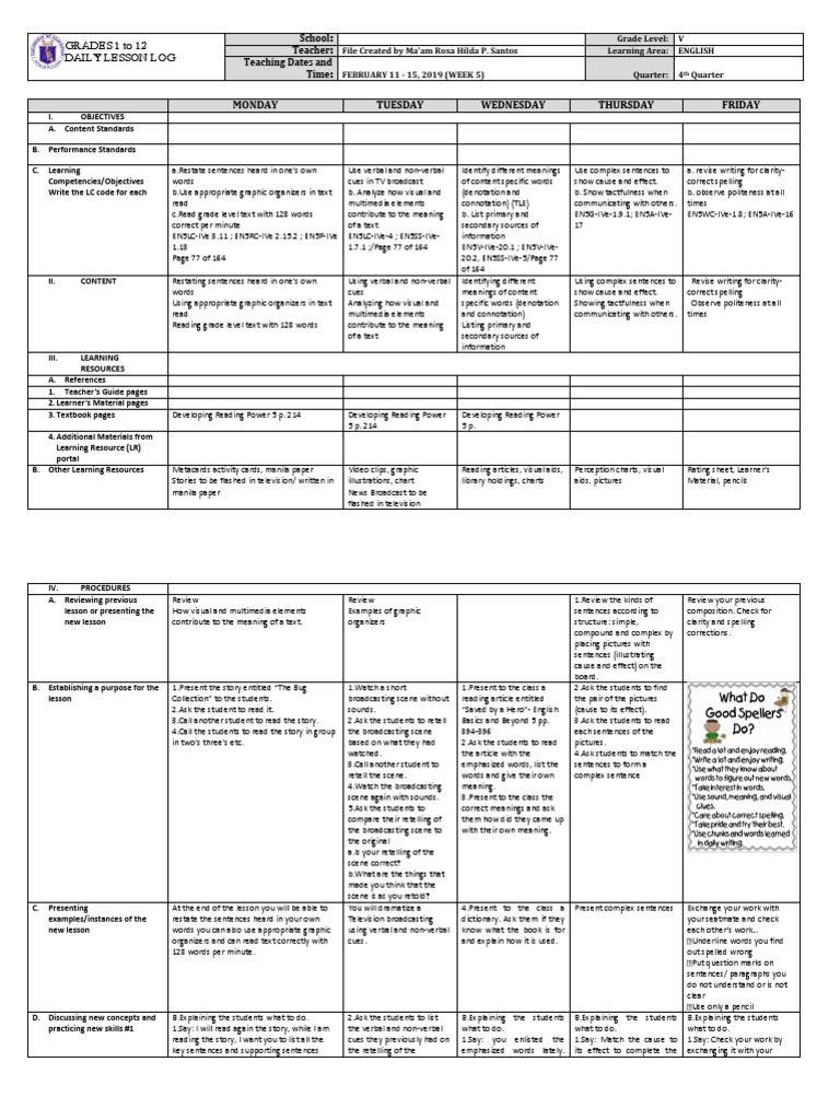 Grade 5 DLL: Week 5, 4th Quarter | PDF | Nonverbal Communication ...