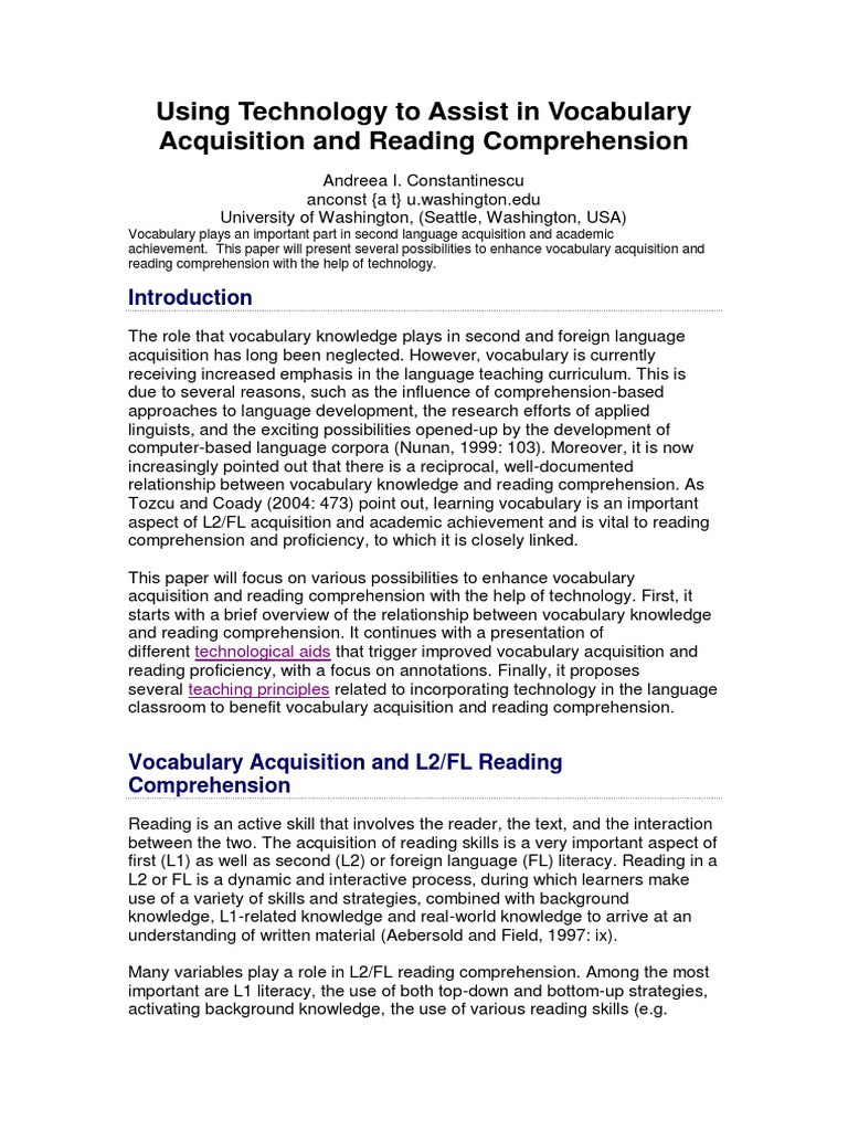 Using Technology To Assist in Vocabulary Acquisition and Reading ...