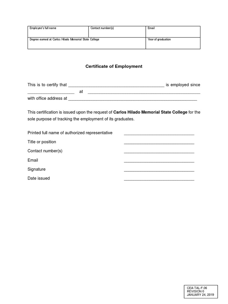 Certificate of Employment: Employee's Full Name Contact Number(s) Email ...