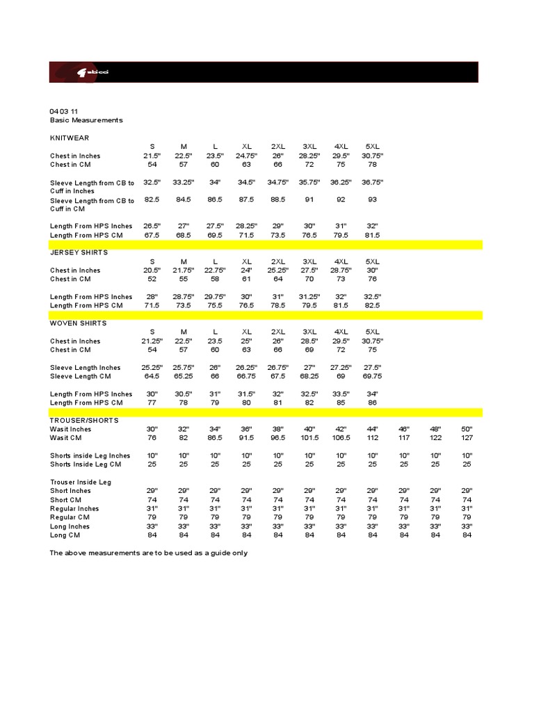 Basic Sizing Chart for Knitwear, Shirts & Trousers | PDF | Clothing ...
