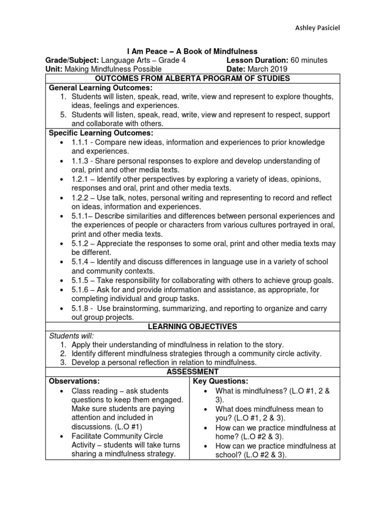 Mindfulness Lessons with "I Am Peace" | PDF | Mindfulness | Classroom