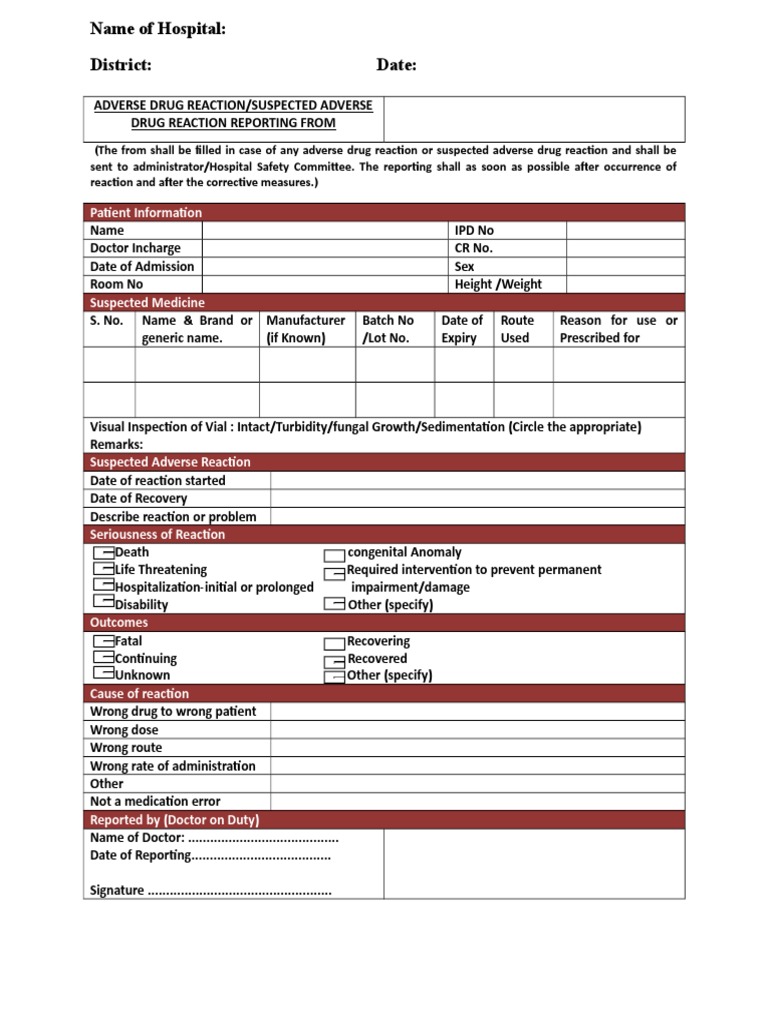 Adverse Drug Reaction Reporting Form | PDF | Medical Error | Drugs