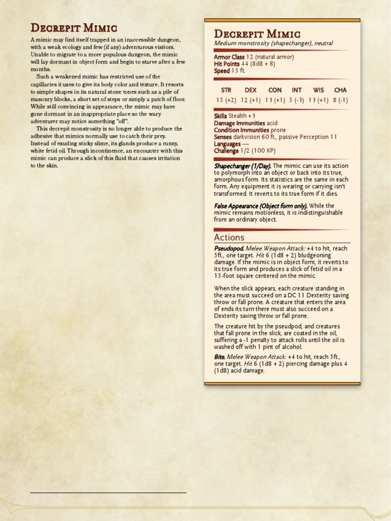 Decrepit Mimic D&D Monster | PDF | Dungeons & Dragons | Role Playing Games