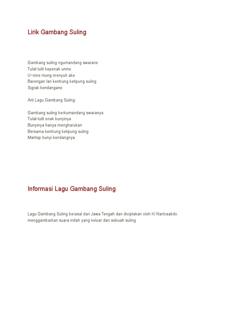 Lirik dan Arti Tembang Gambang Suling | PDF | Seni & Disiplin Bahasa | Seni