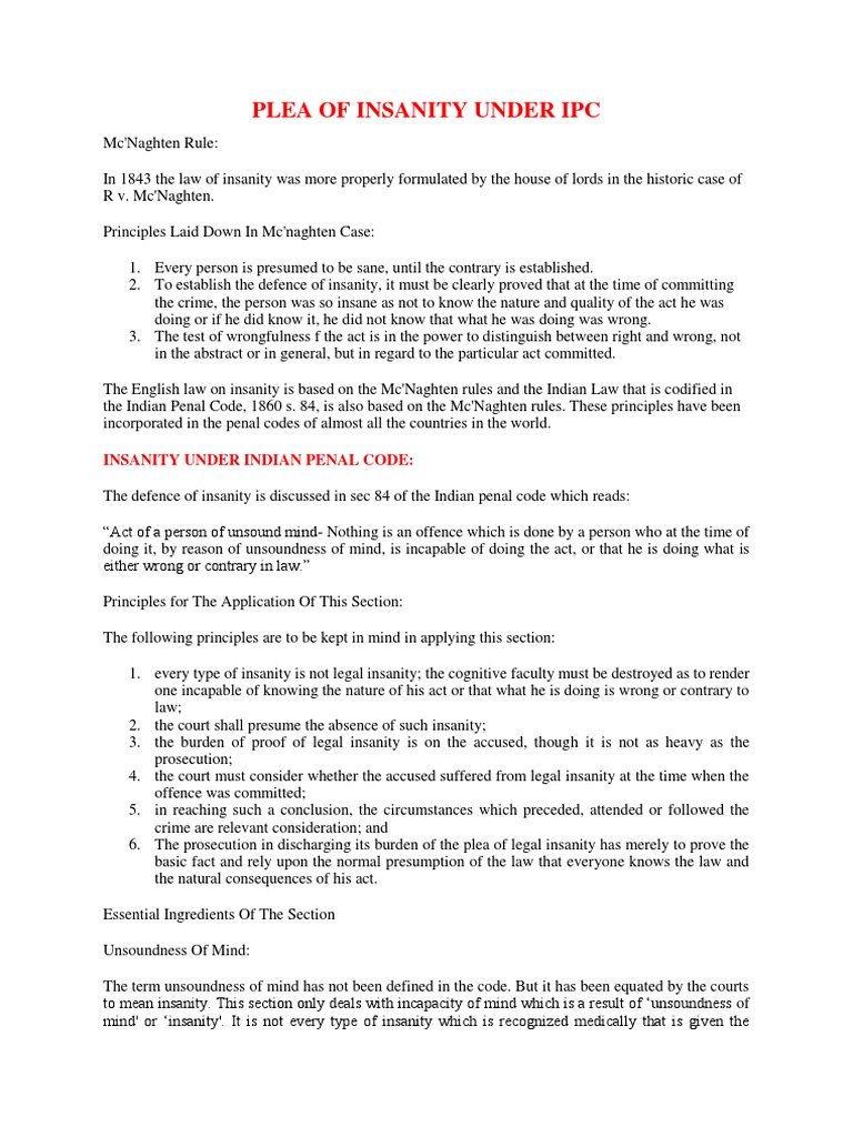 Plea of Insanity Under Ipc | PDF | Insanity Defense | Mens Rea