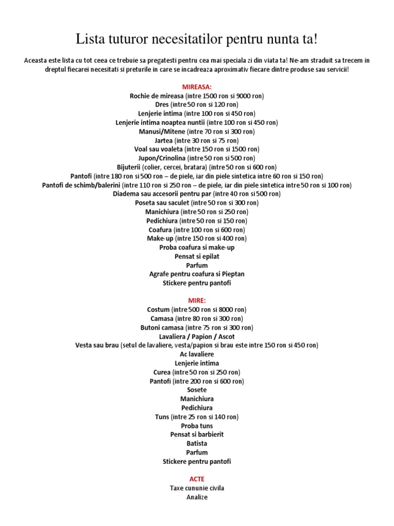 Lista Tuturor Necesitatilor Pentru Nunta Ta | PDF