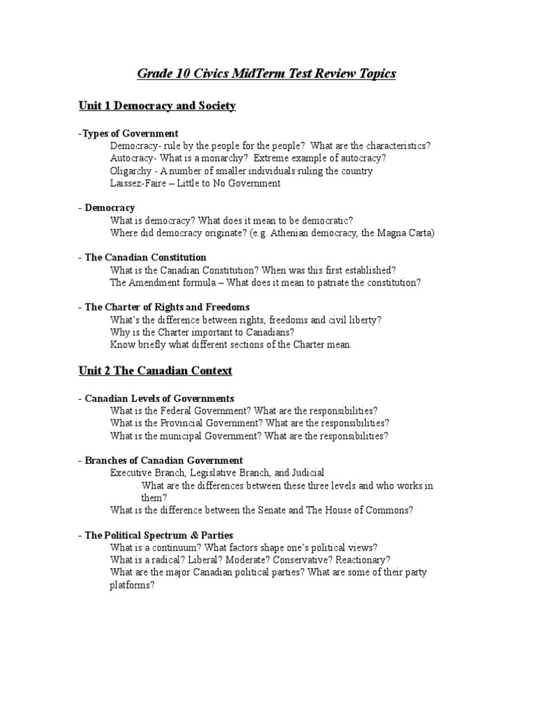 Grade 10 Civics Midterm Test Review Topics: Unit 1 Democracy and ...