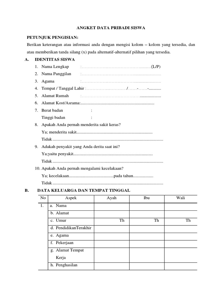 Angket Data Pribadi Siswa | PDF