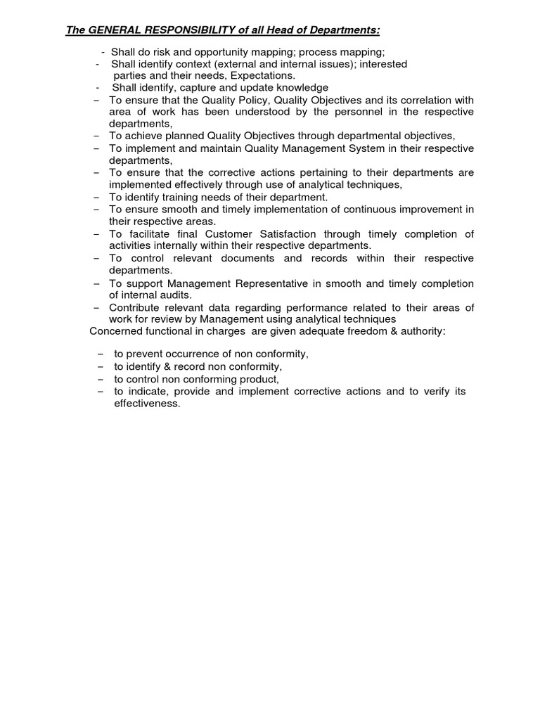 The GENERAL RESPONSIBILITY of All Head of Departments | PDF