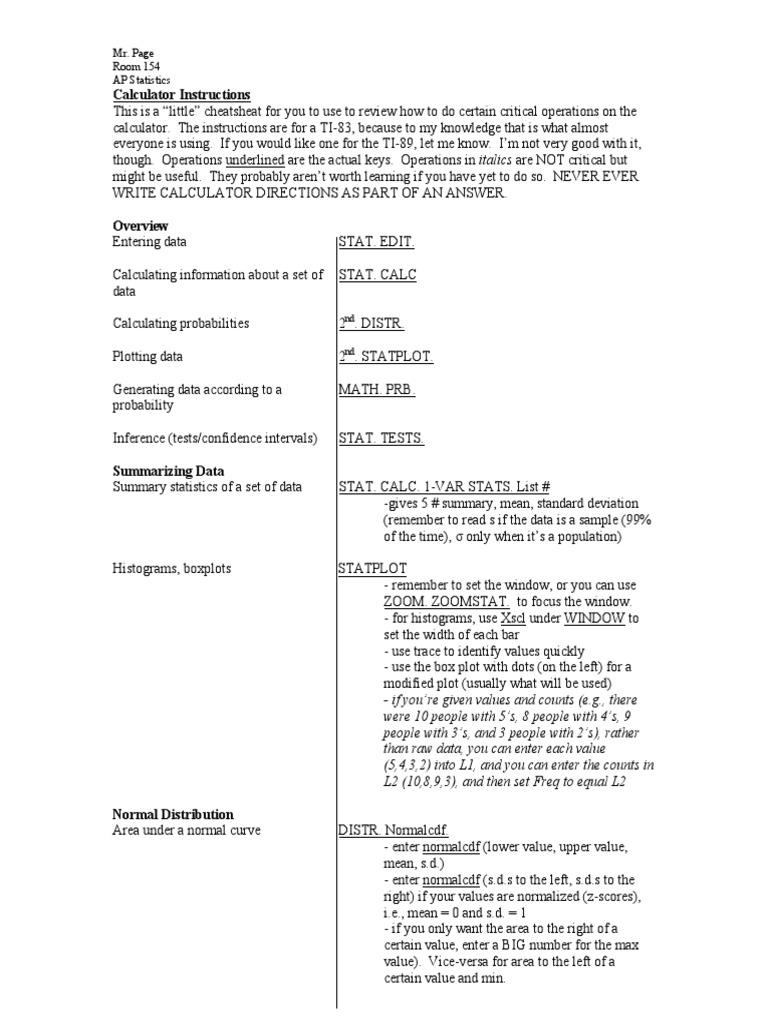 Calculator Instructions: Mr. Page Room 154 AP Statistics | PDF ...