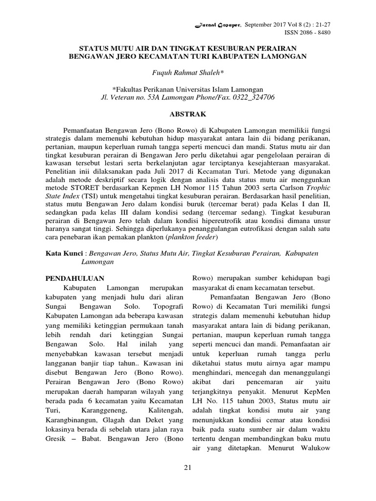 Fuquh Rahmat Shaleh : Status Mutu Air Dan Tingkat Kesuburan Perairan ...