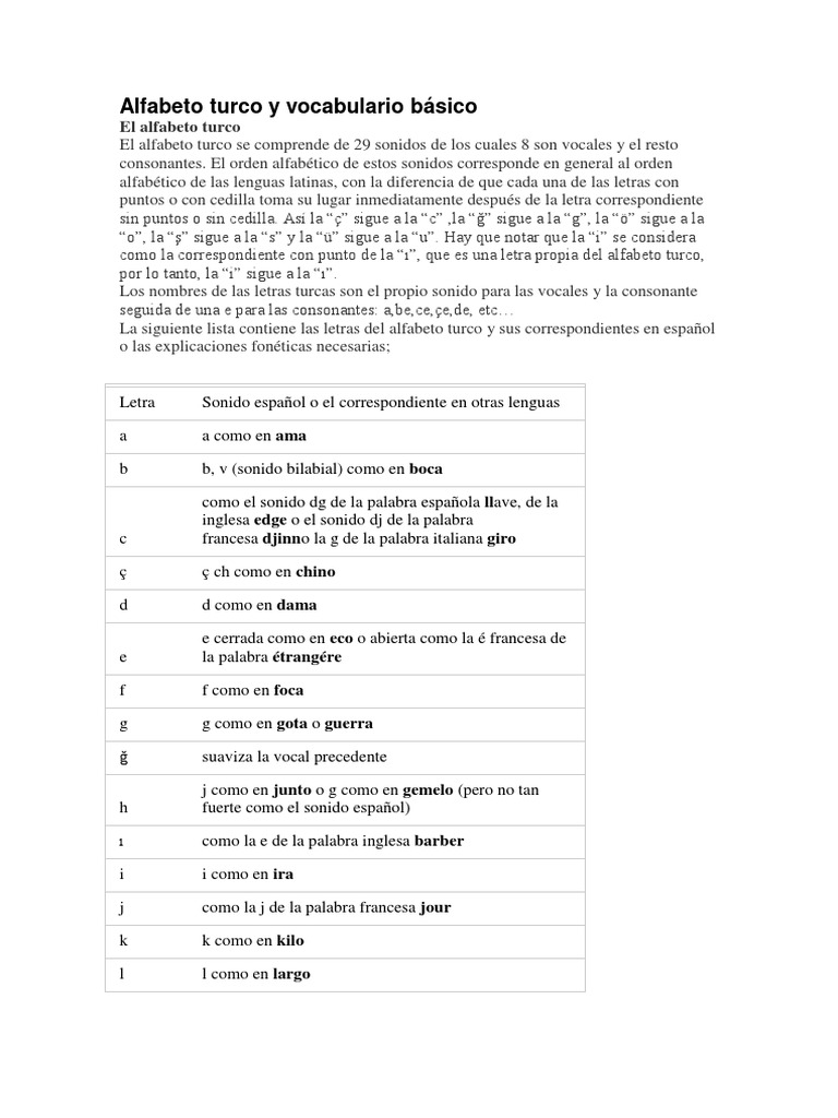 Alfabeto y vocabulario turco básico | PDF | Alfabeto | Lenguas de Europa