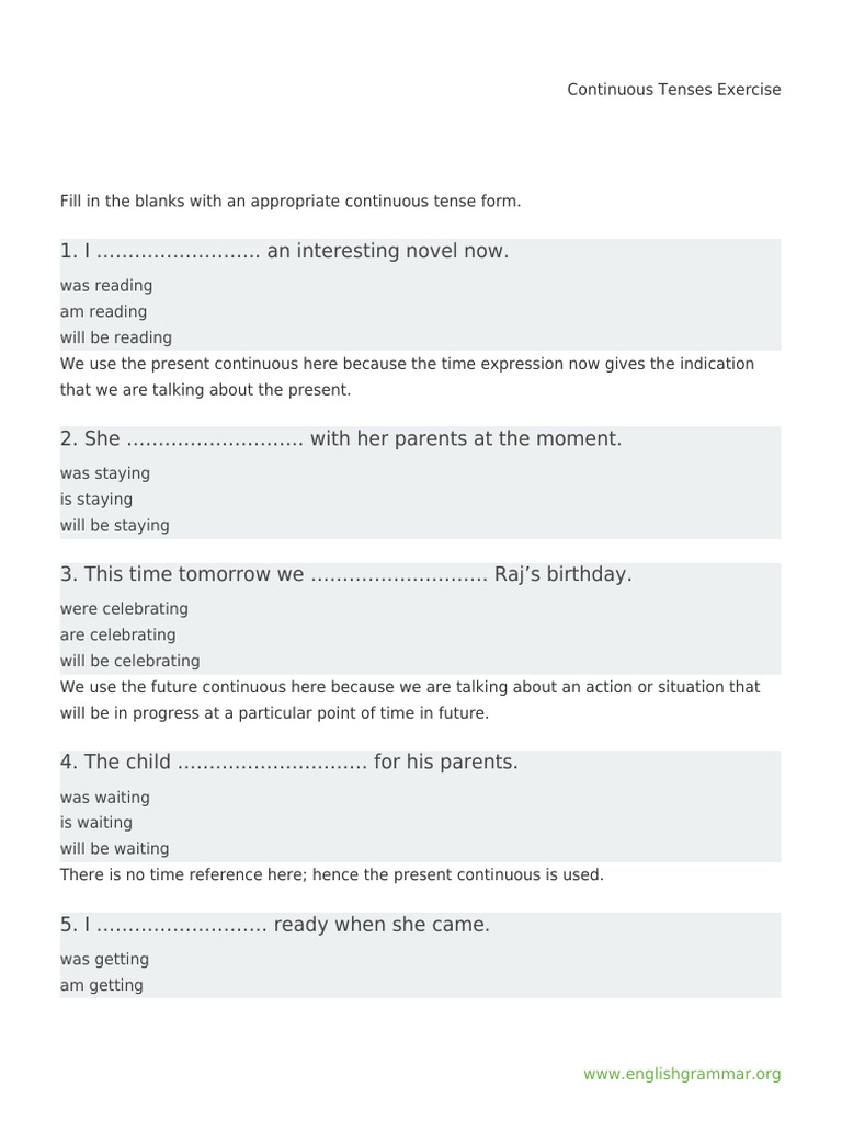 Continuous Tenses Practice Exercises | PDF | Linguistic Typology ...