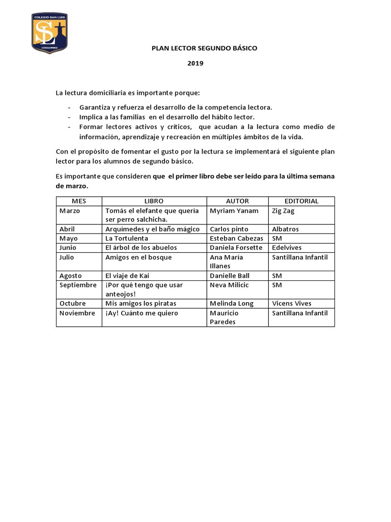 Plan Lector Segundo Básico 2019 | PDF