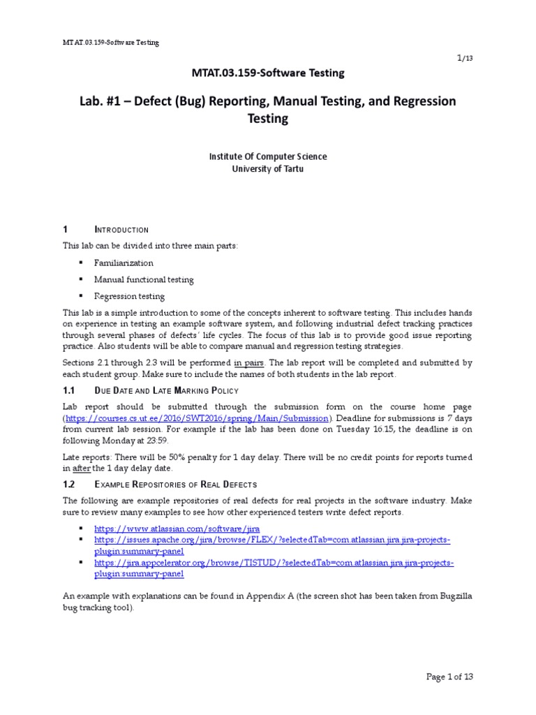 Lab. #1 - Defect (Bug) Reporting, Manual Testing, and Regression ...