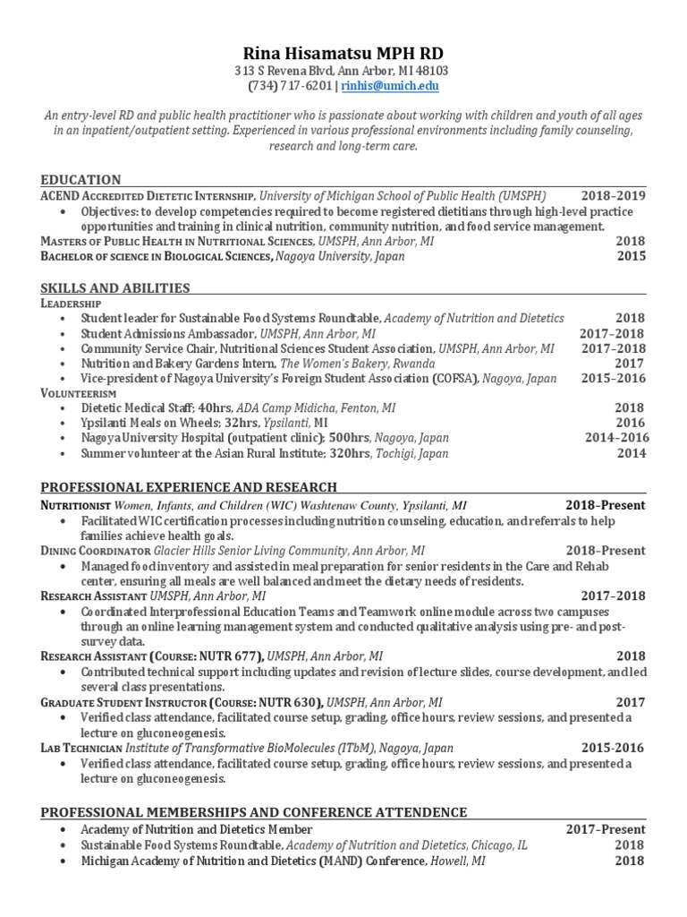 Rina Hisamatsu Resume 2 | PDF | Dietitian | Behavior Modification