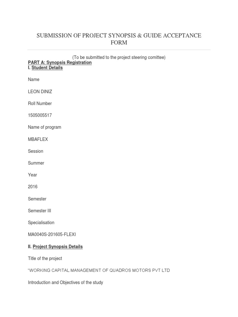 Submission of Project Synopsis & Guide Acceptance Form: PART A ...