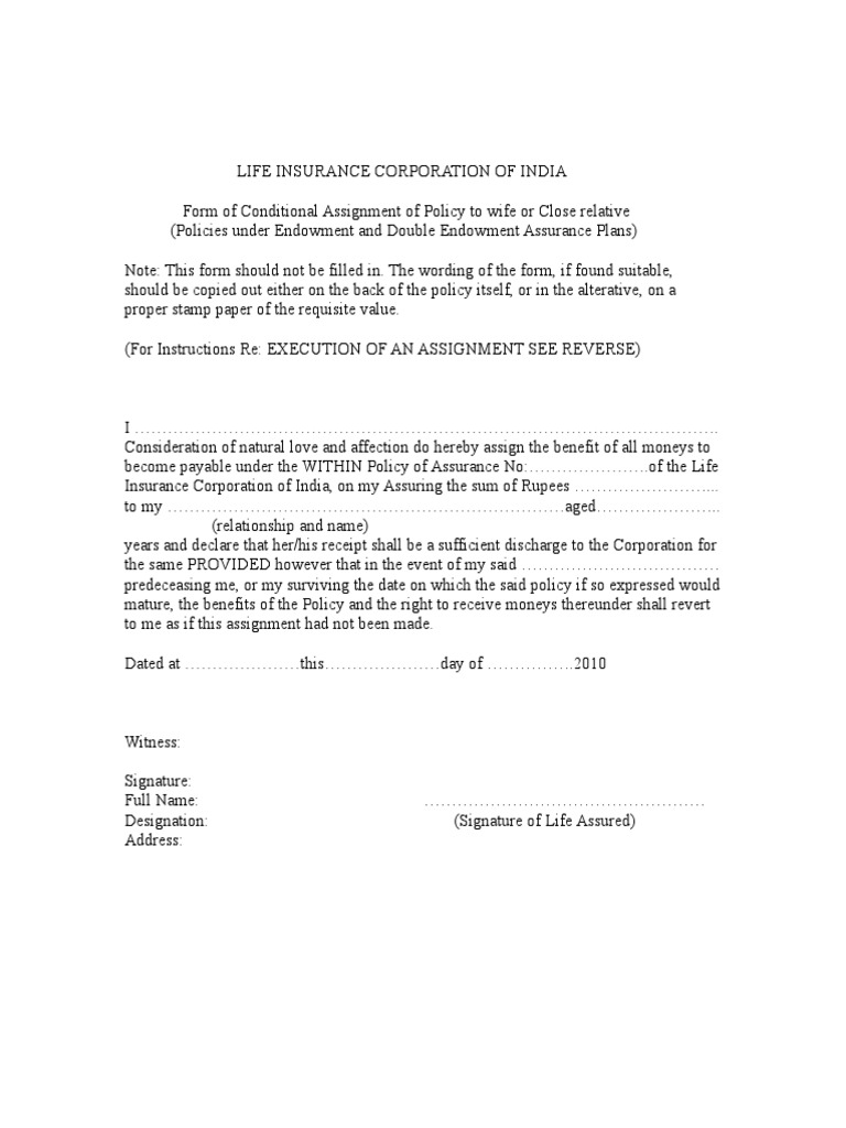 Conditional Assignment Pdf Life Insurance Government 8976