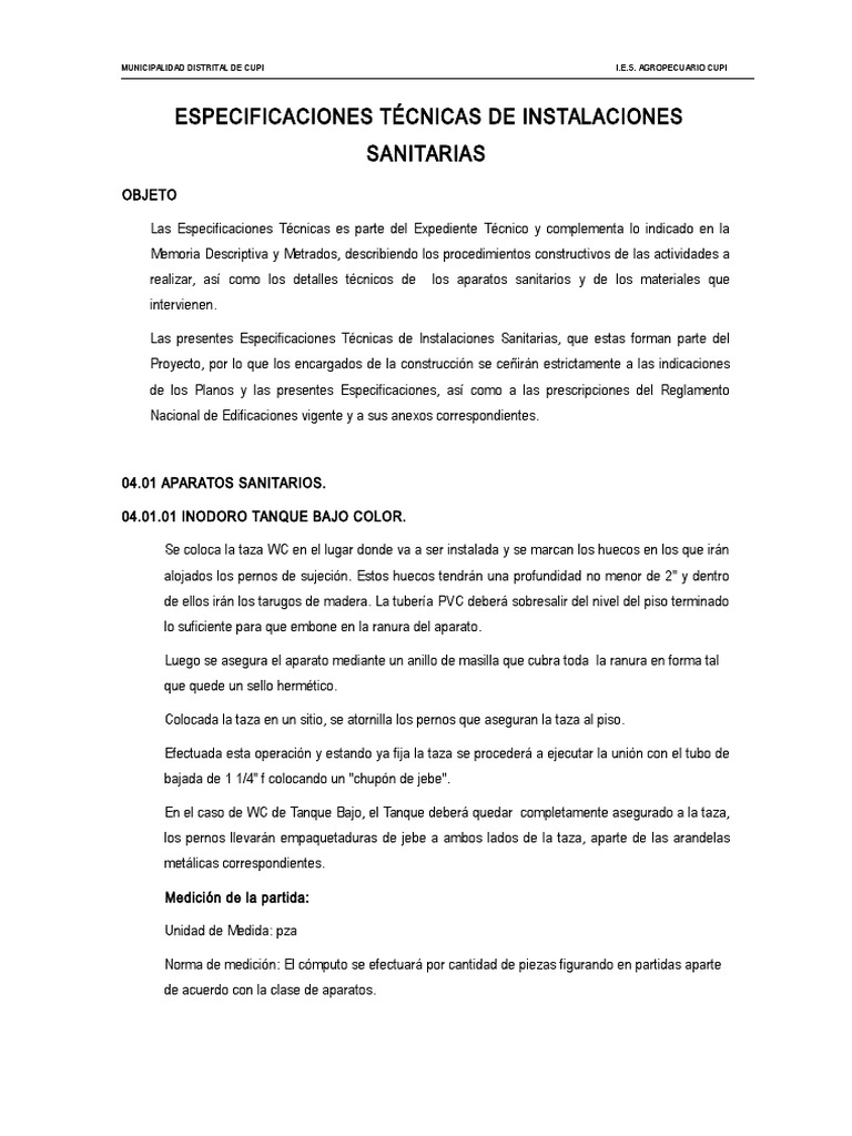 Especificaciones Tecnicas Instalaciones Sanitarias Cupi | PDF | Presupuesto | Hormigón