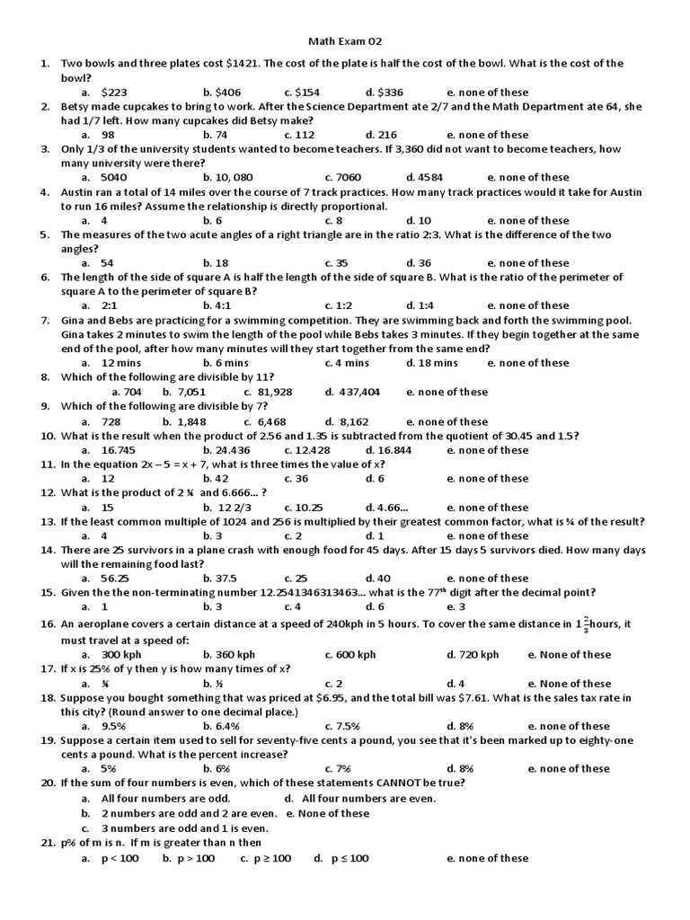 Analysis of Math Exam Questions and Problem Solving Skills | PDF ...