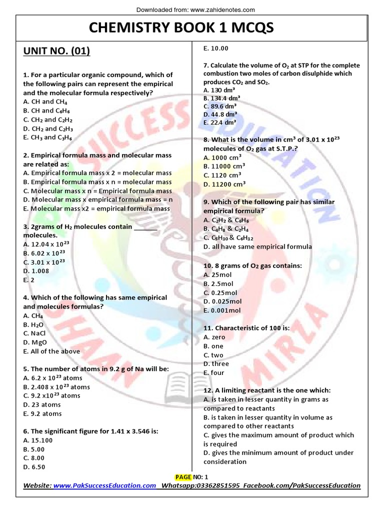 1st Year Chemistry Chapterwise Mcqs PDF | PDF | Gases | Carbon