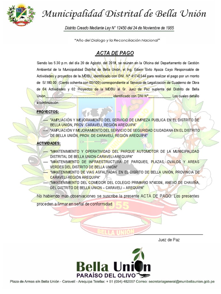 ACTA DE PAGO Legalización de Cuaderno de Obra | PDF