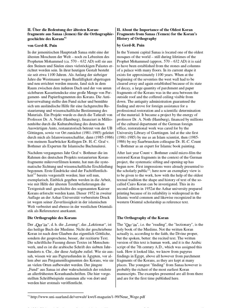 Gerd-R Puin 'II Bedeutung Der Koranfragmente Aus Sanaa' Magazin ...