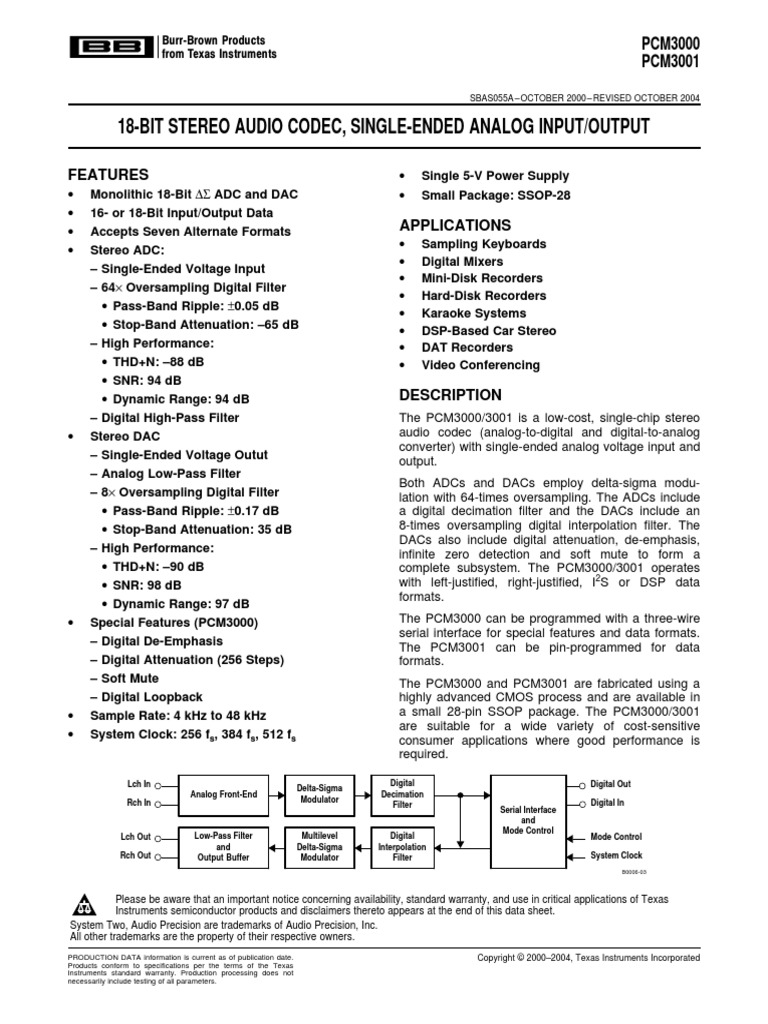 18-Bit Stereo Audio Codec, Single-Ended Analog Input/Output: Features ...